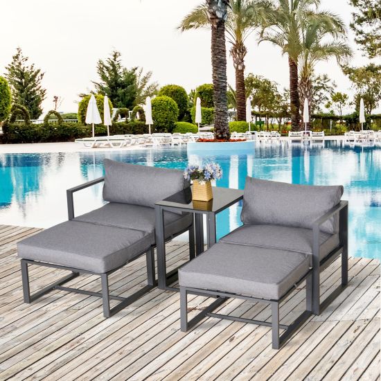 5 Piece Garden Conversation Set Sun Lounger 2 Footstools End Table with ...