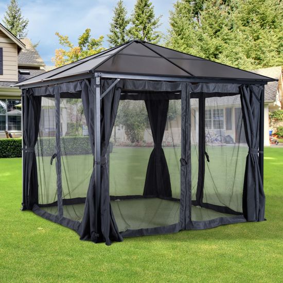 OutdoorlivingUK 3m x 3m Hardtop Metal Frame Mesh Draped Gazebo Grey